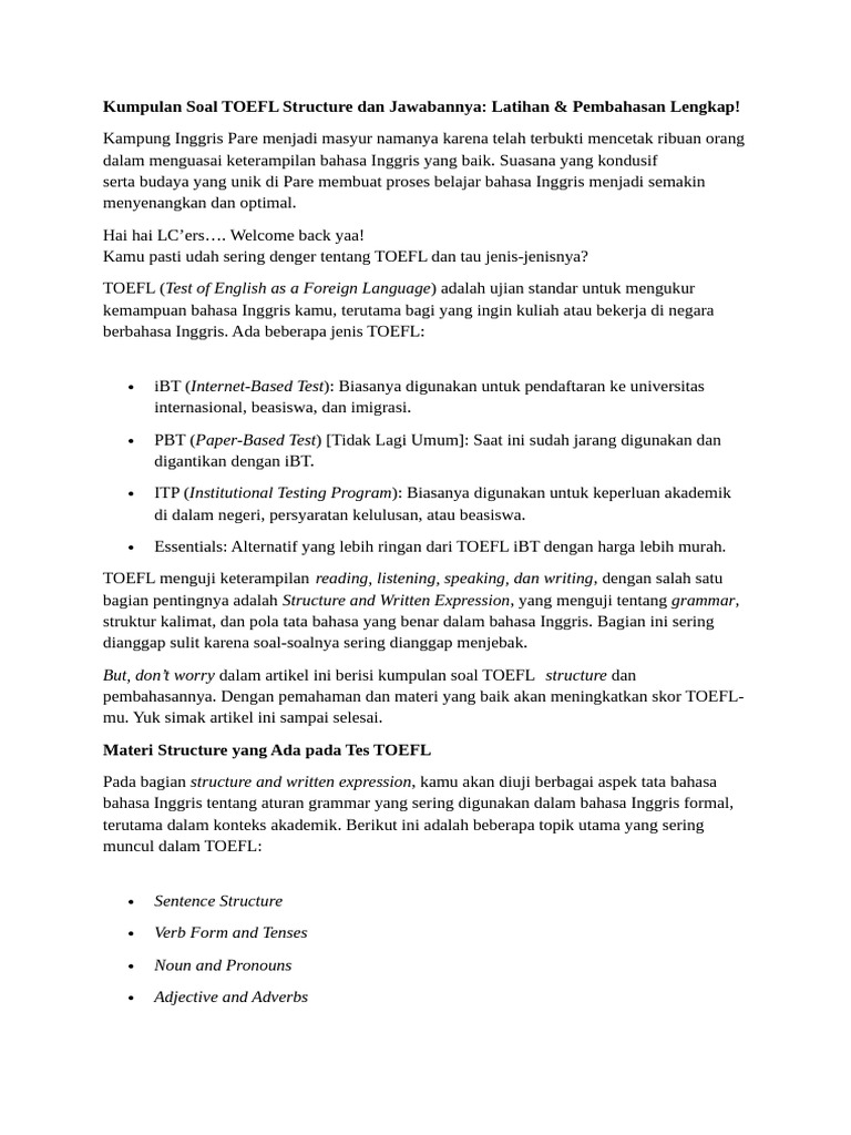 Kumpulan Soal TOEFL Structure Dan Jawabannya | PDF