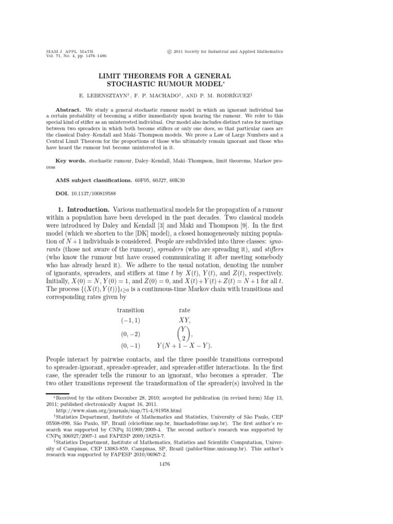 Limit Theorems in Stochastic Rumour Models | PDF | Applied Mathematics | Mathematical Analysis