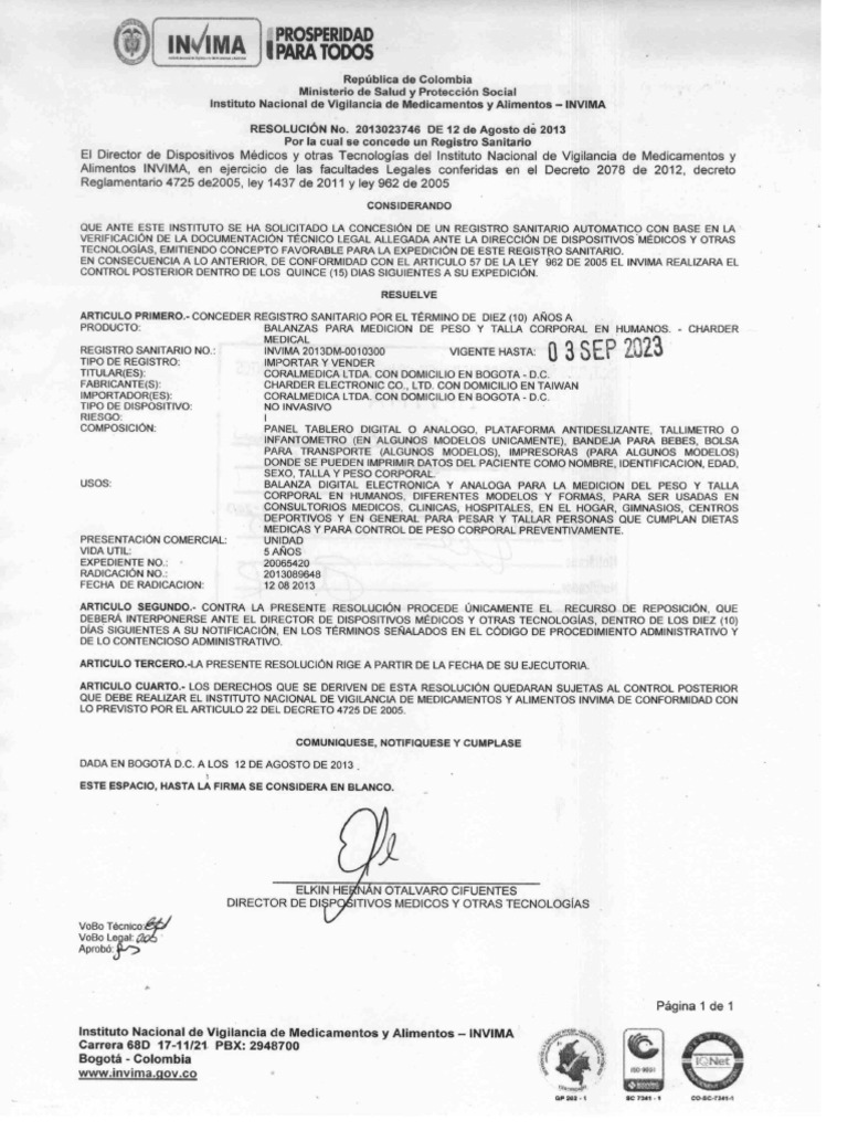Invima Basculas y Balanzas Pesa Bebe Charder - Medical | PDF