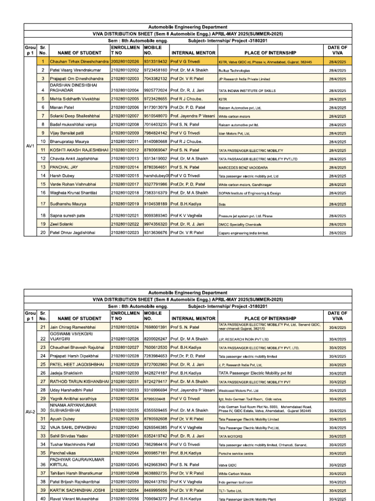 Viva Group Allocation For Internship-Sem8 | PDF