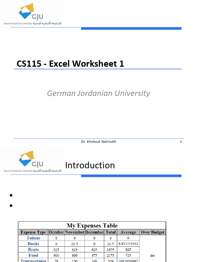 CS115 Lecture 5 - Excel Worksheet 1 | PDF