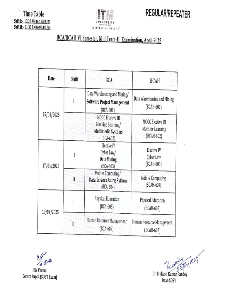 BCA, BCAH 6th Semester Time-Table Midterm-II | PDF