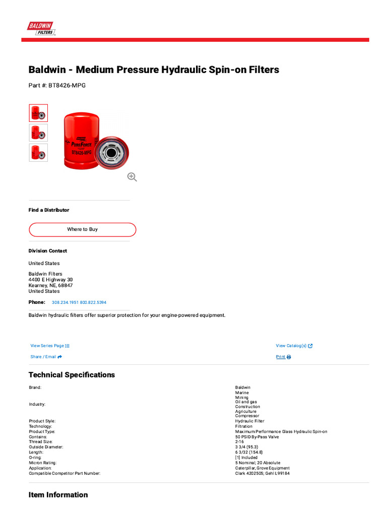Baldwin Medium Pressure Hydraulic Filters | PDF | Gas Technologies | Mechanical Engineering