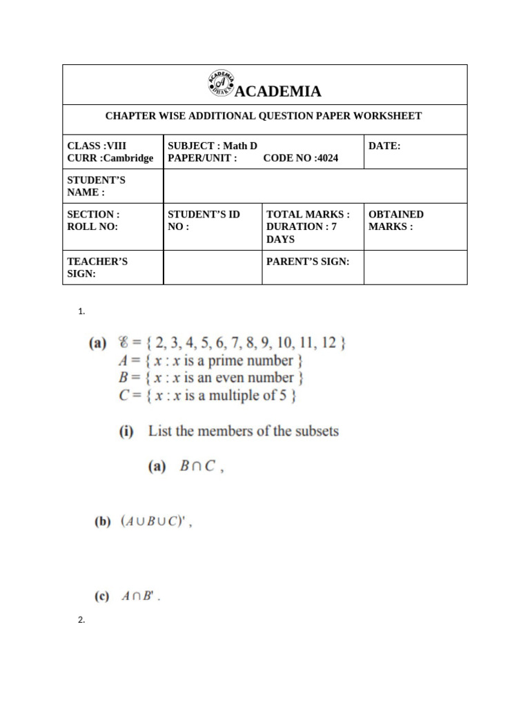 MATH-D (MDH)Sets Assignment | PDF