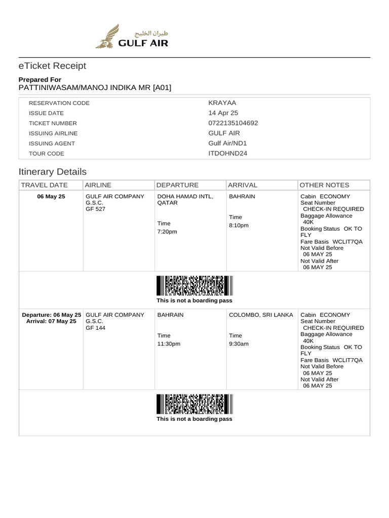Gulf Air eTicket Receipt Details | PDF | Aviation