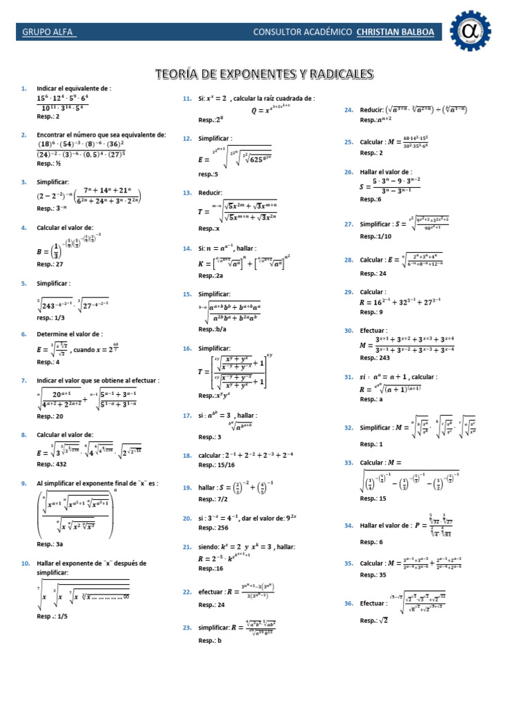PRÁCTICA - Teoria de exponentes y radicales | PDF | Matemática Elemental