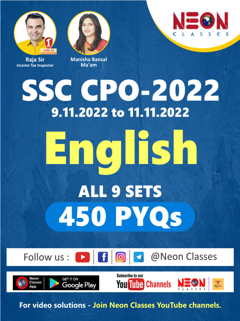 SSC Cpo 2022 English Printable PDF All 09 Sets Neon Classes | PDF | Verb | English Language
