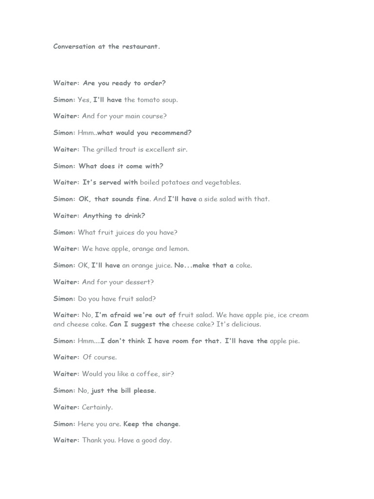 Restaurant Conversation Example | PDF