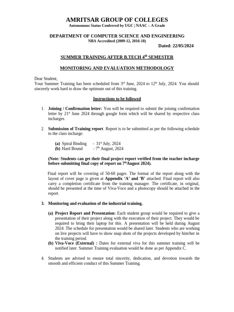 Summer Training Guidelines CSE-V Sem Jun-Nov 2024 Wwoooorrdddd | PDF | Computing