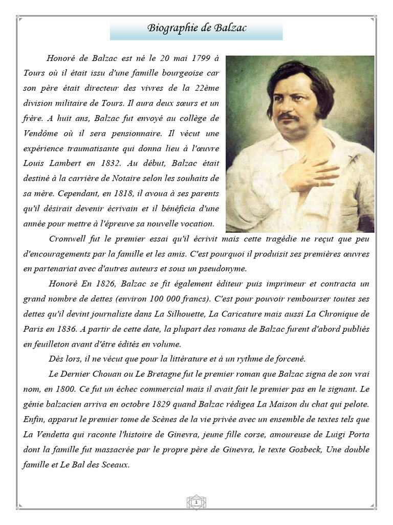 Biographie d'Honoré de Balzac | PDF | Honoré de Balzac | La Comédie humaine