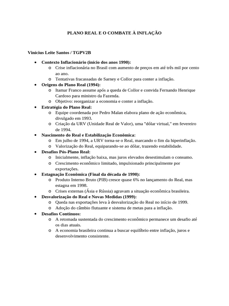 Resumo do Plano Real e sua Impacto | PDF