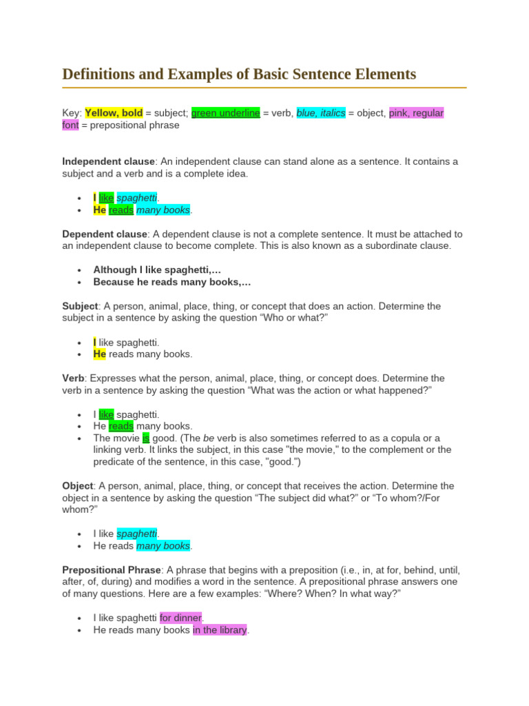 Grammar Part 2 - Definitions and Examples of Basic Sentence Elements ...