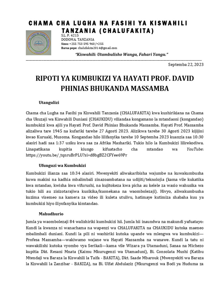 Ripoti Ya Kongandao La Kumbukizi Ya Hayati Profesa Massamba Sept | PDF