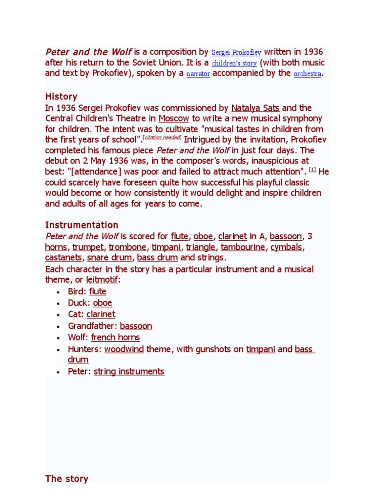 Peter & The Wolf - Story | PDF | Symphony Orchestras | Musical Compositions