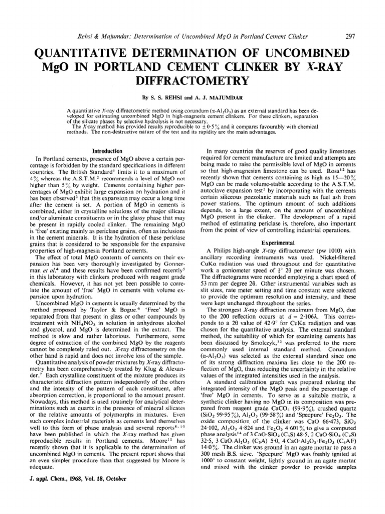 Quantitative Determination of Uncombined MgO in Portland Cement Clinker by X-Ray Diffractometry ...