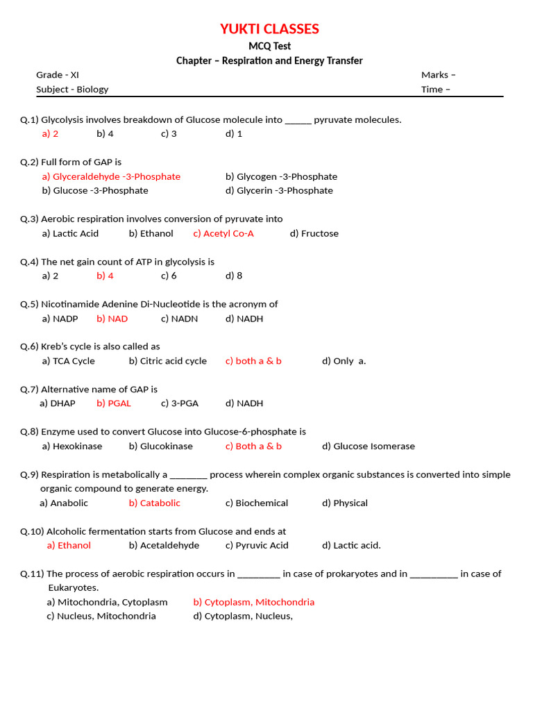 MCQ Test on Respiration for Grade XI | PDF | Cellular Respiration ...