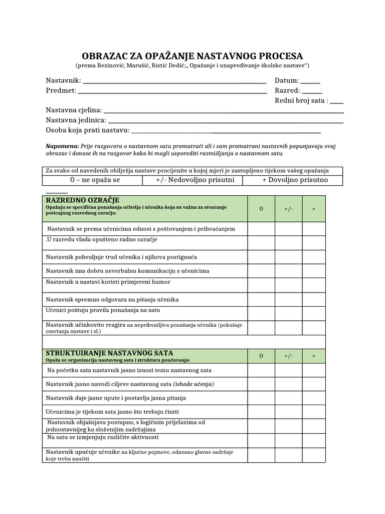 Obrazac Za Praćenje Nastave | PDF