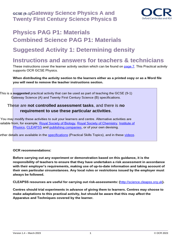 Pag Activity Physics Materials Suggestion 1 | PDF | Density | Volume
