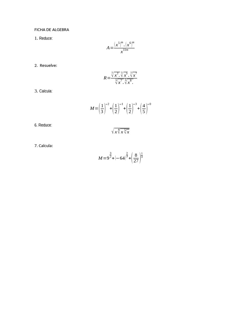 Ficha de Álgebra: Ejercicios y Soluciones | PDF