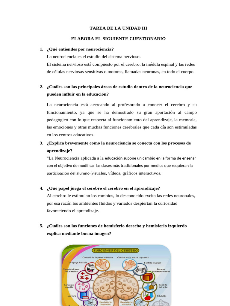 Sulema Flores Tarea de La Unidad III | PDF | Cerebro | Neurociencia