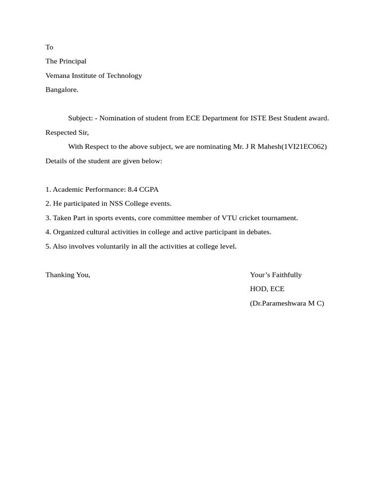 Nomination For Iste Best Student Award Pdf