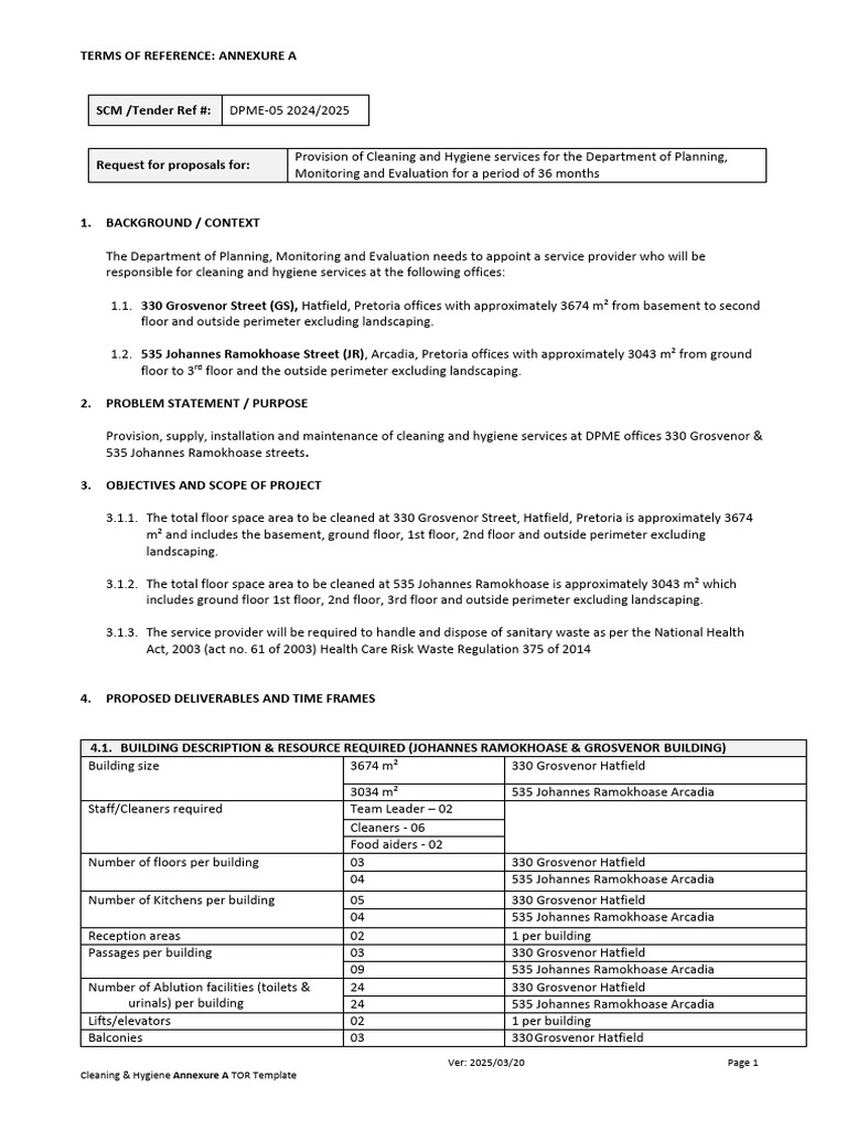 Cleaning & Hygiene Services TOR 2025 | PDF | Hygiene | Vacuum Cleaner