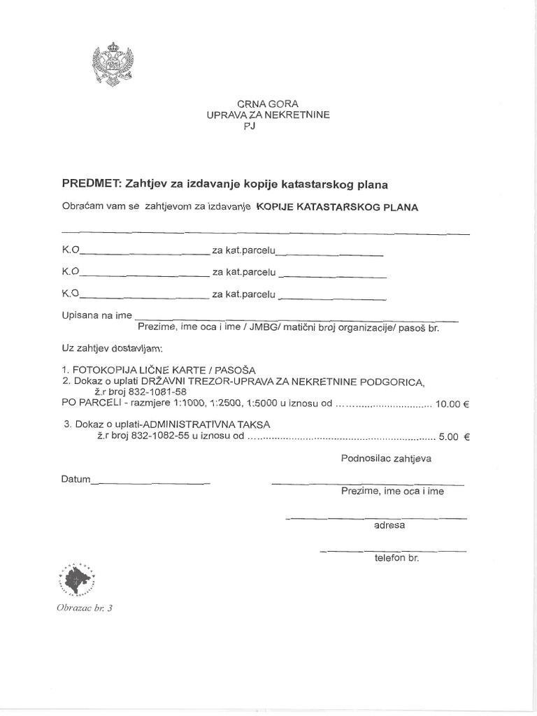 Zahtjev Za Izdavanje Kopije Katastarskog Plana | PDF