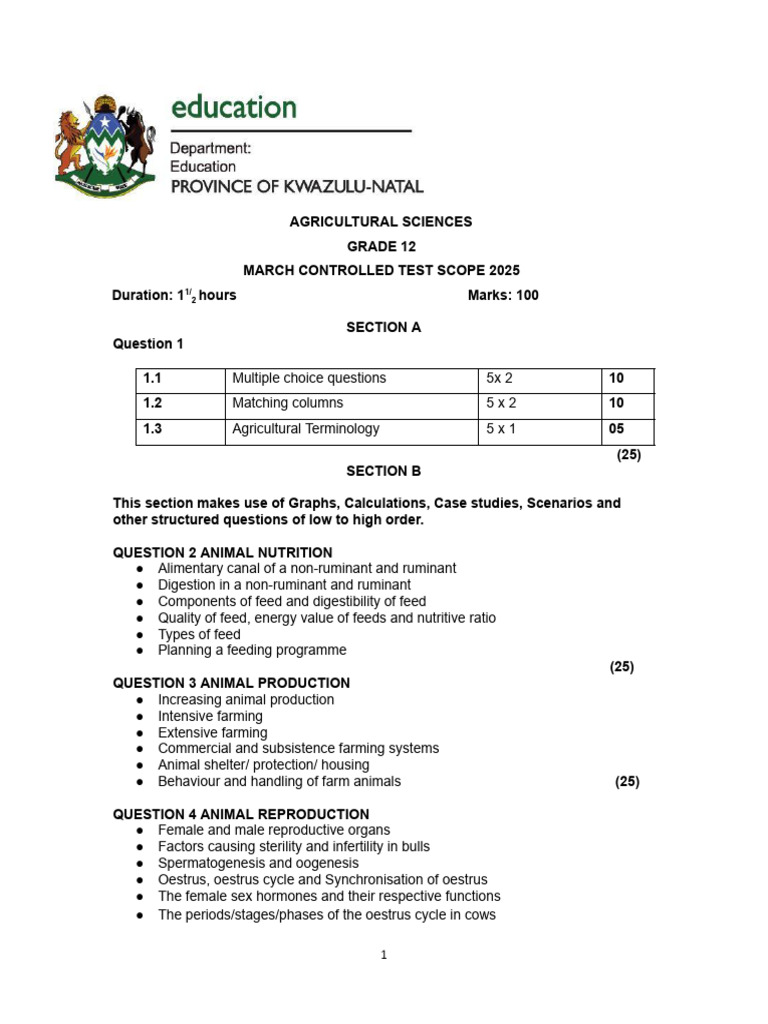 Grade 12 Agricultural Science Scope 2025 | PDF | Parasitism | Dairy Cattle