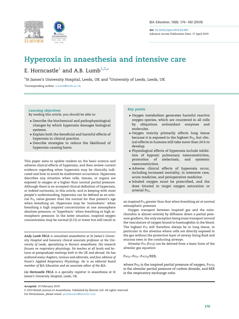 Hyperoxia in Anaesthesia and Intensive Care | PDF | Reactive Oxygen ...