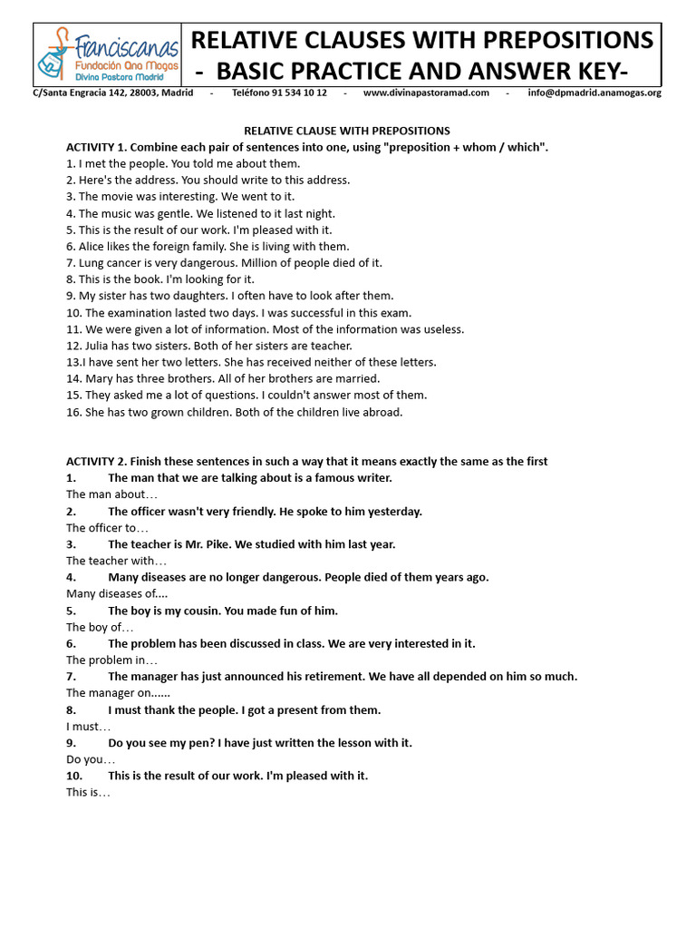 1bach - Relative Clauses With Prepositions - Basic Practice and Answer ...