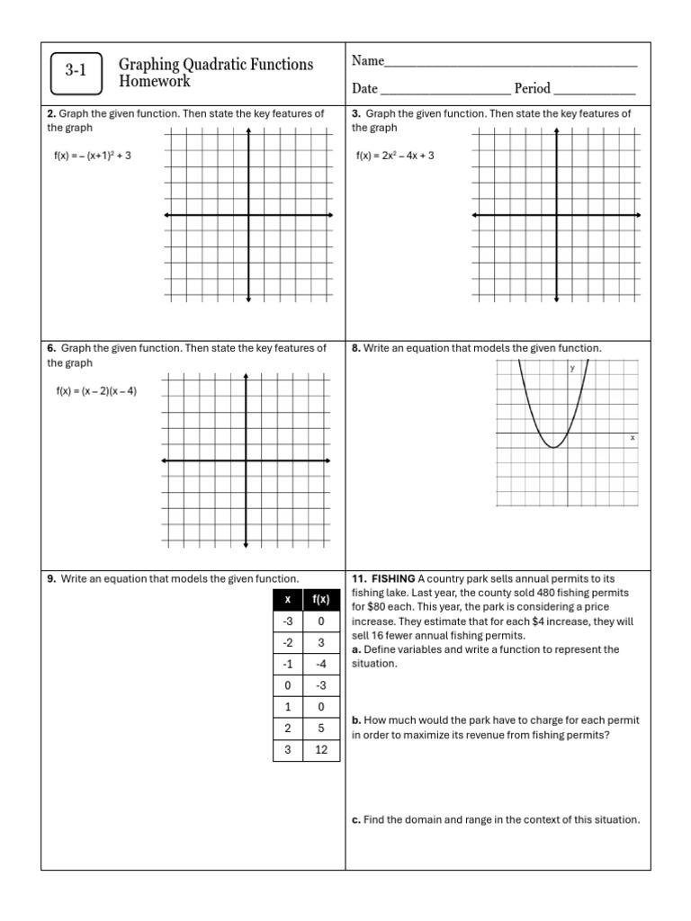 Quadratic Functions and Equations Homework | PDF | Quadratic Equation ...