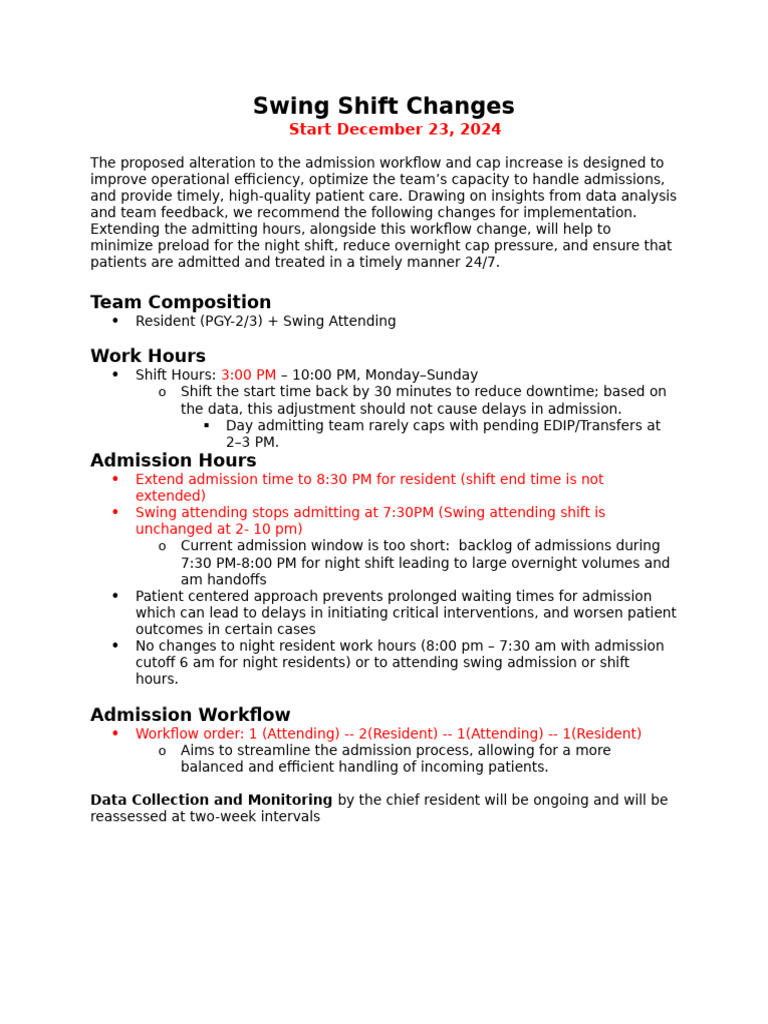 Swing Shift Admission Workflow Changes | PDF