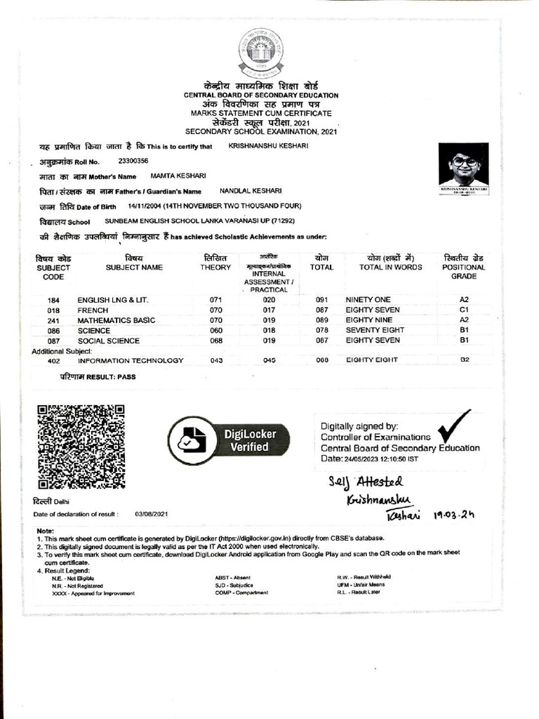 KK 10 Marksheet-compressed | PDF | Student Assessment And Evaluation | Educational Stages