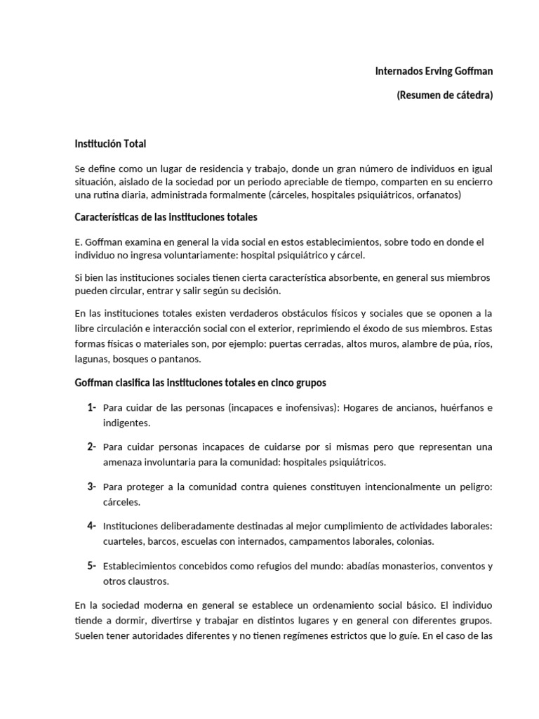 2 Internados Erving goffman resumen de catedra (1) | PDF | Institución | Ciencias del comportamiento