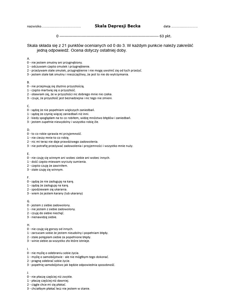 Skala Depresji Becka | PDF