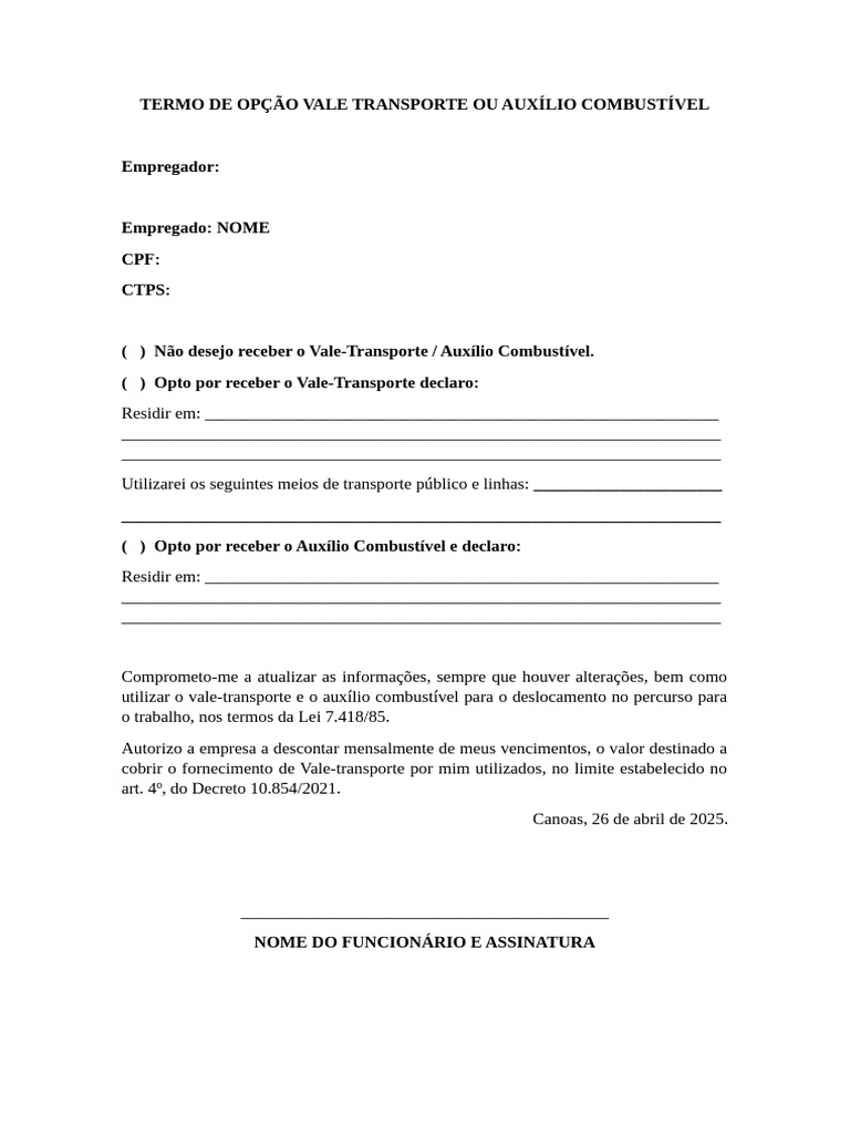 Termo Vale-Transporte e Auxílio Combustével | PDF