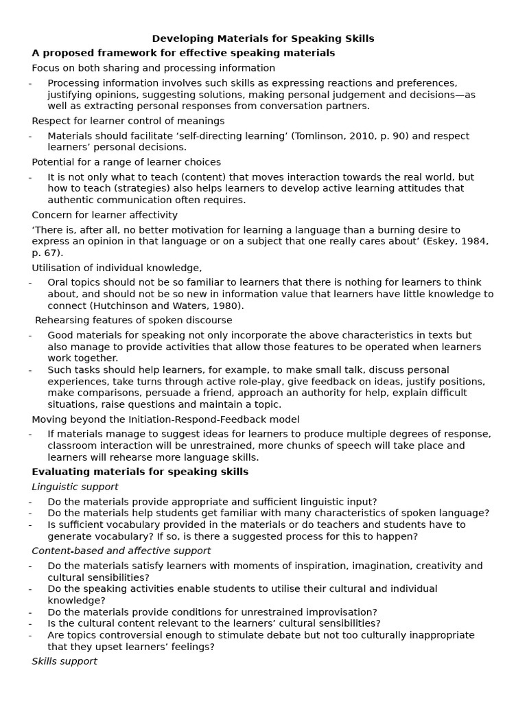 Week 7 Preparation (Developing Materials For Speaking Skills) | PDF | Learning | Communication