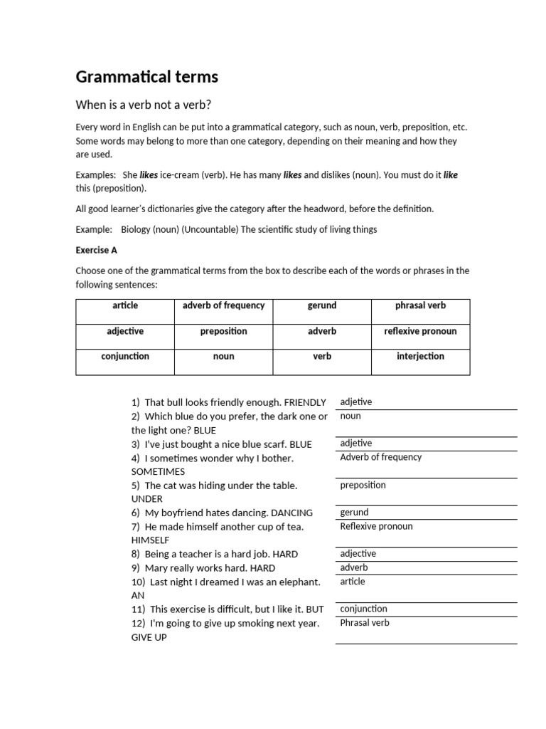 Topnotch Grammar Sheets Parts of Speech Exercise A | PDF