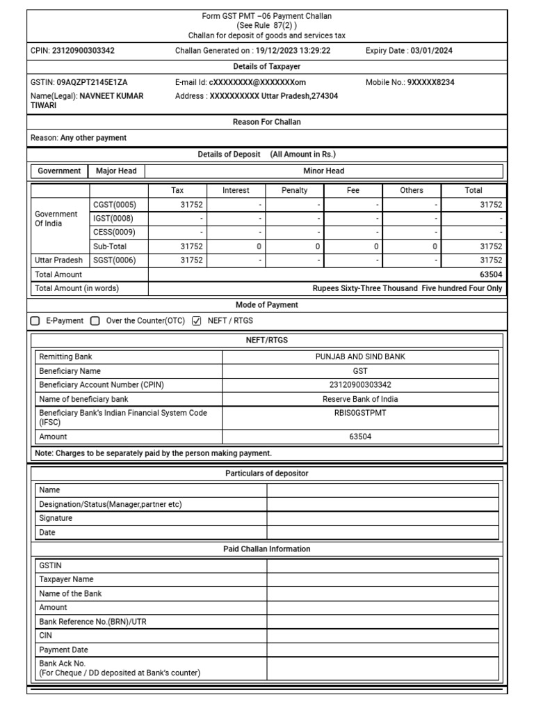 GST PMT-06 Payment Challan Details | PDF | Cheque | Payments