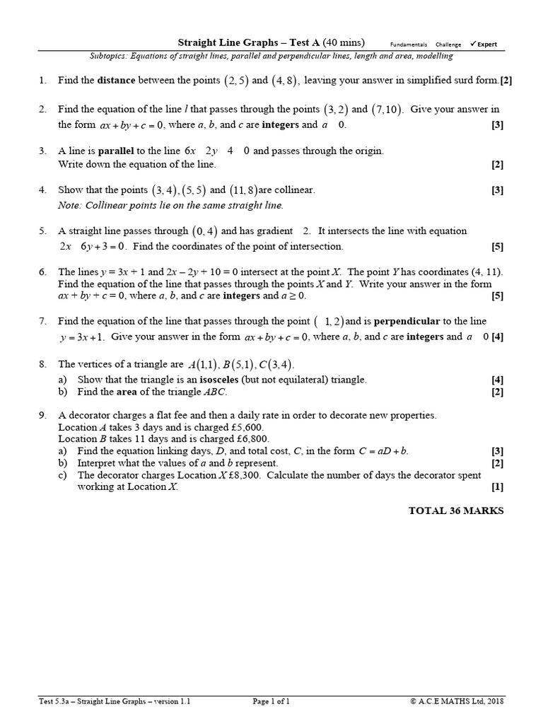 Test 5.3a - Straight Line Graphs | PDF | Line (Geometry) | Equations