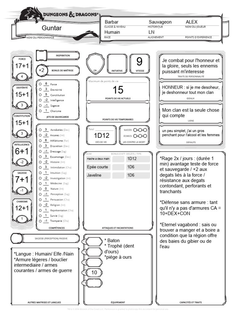 Fiche de personnage : Guntar, Barbare | PDF