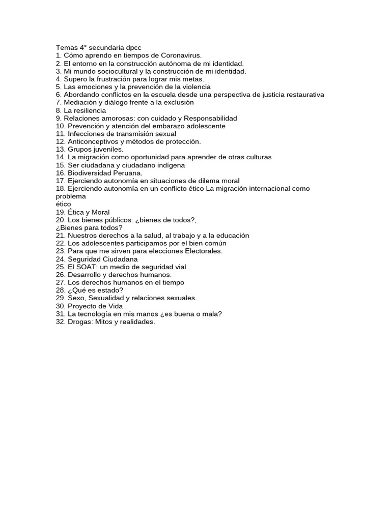 Temas Clave para 4° Secundaria DPCC | PDF