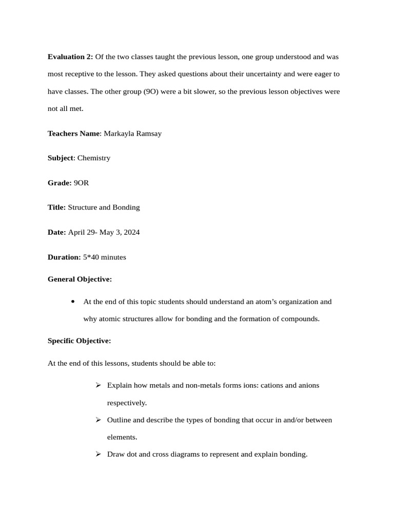 Chemistry Grade 9 Bonding Lesson Plan | PDF | Chemical Bond | Ion