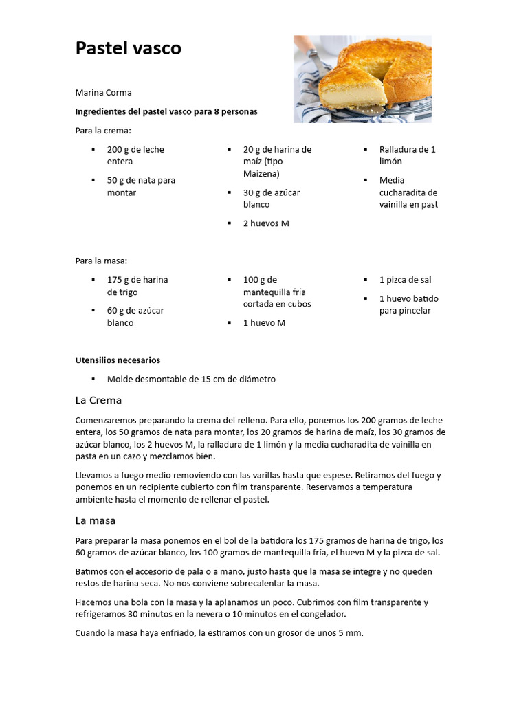Receta de Pastel Vasco Tradicional | PDF | Pasteles | Crema