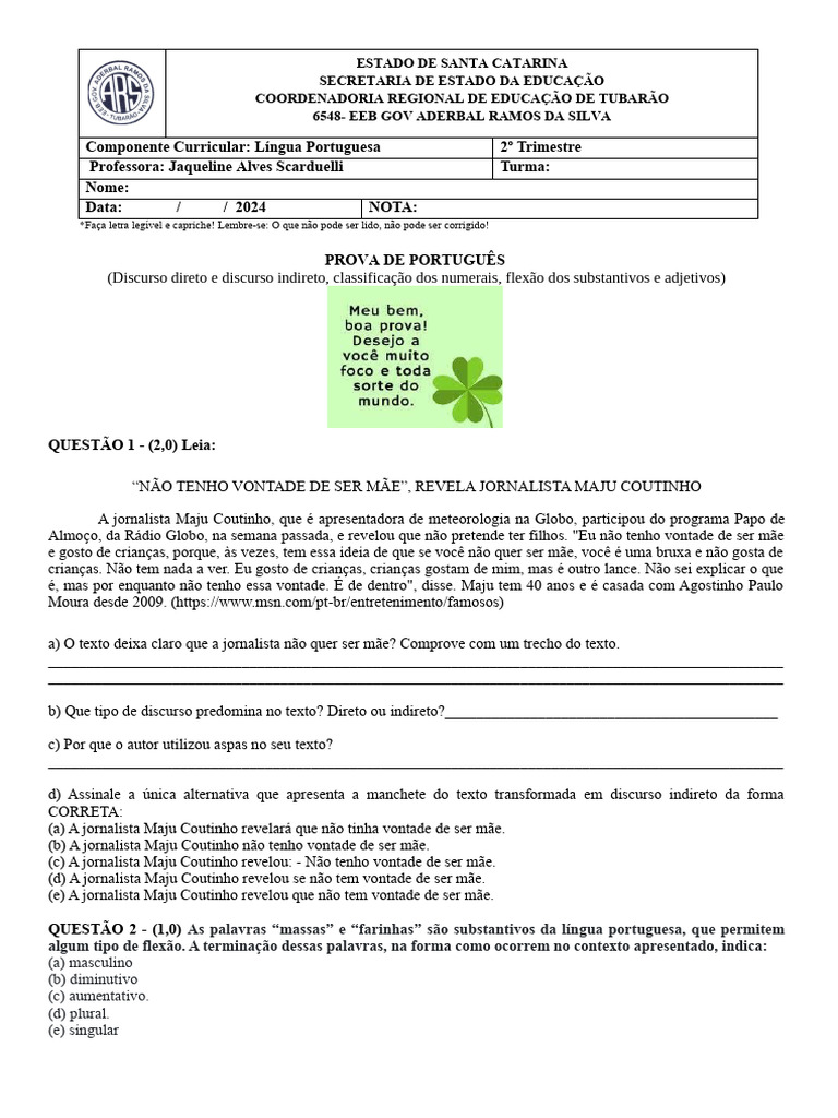 Prova 6 DD Di Flexão Subst Adj Class Numerais | PDF | Substantivo | Plural