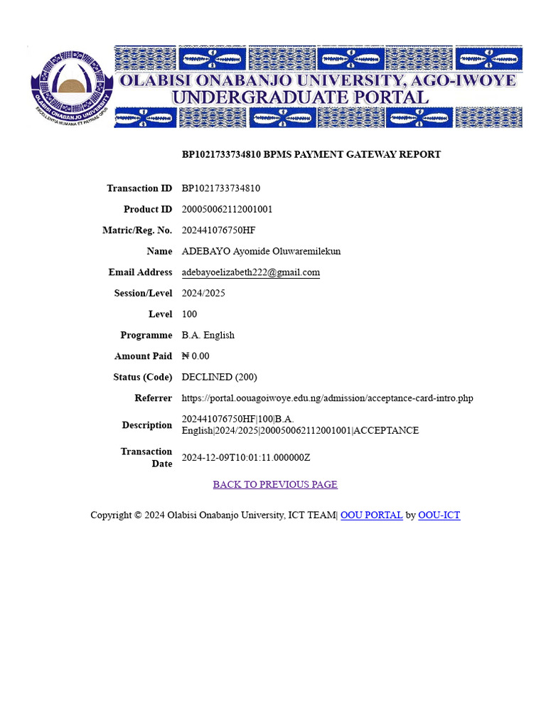 BPMS Payment Gateway Declined Report | PDF
