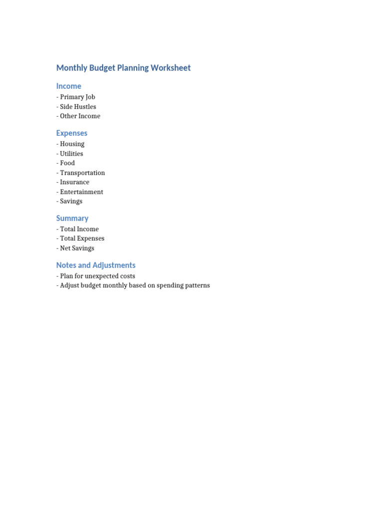 Monthly Budget Planning Worksheet | PDF