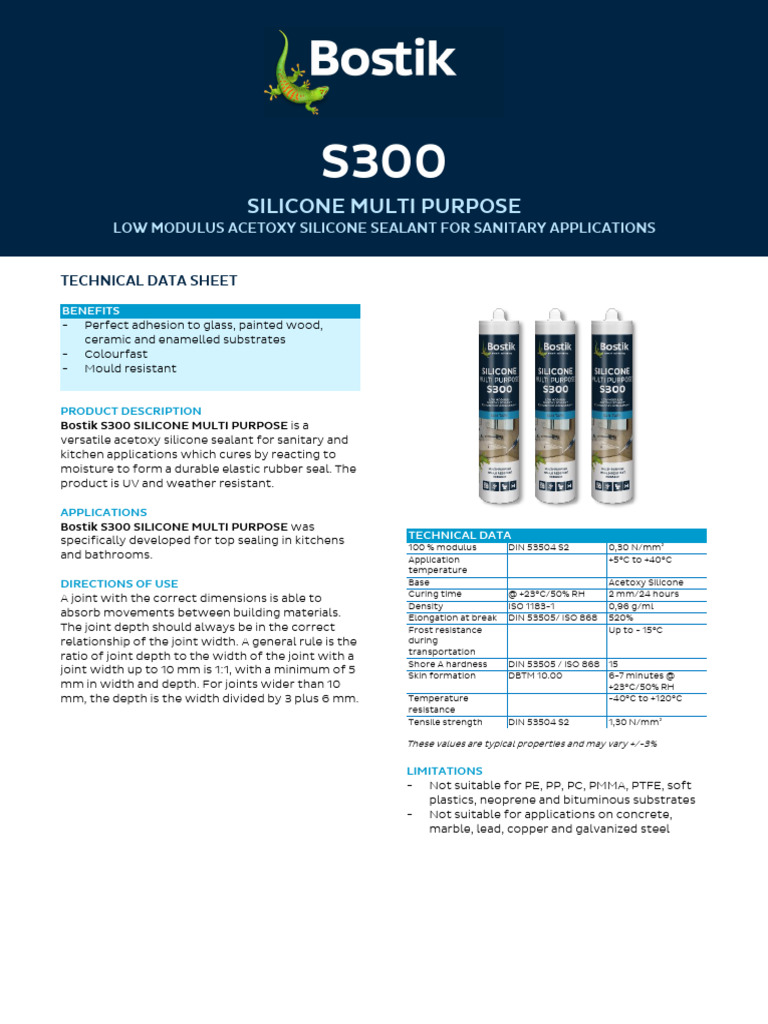 3 BOSTIK_S300 SILICONE MULTI PURPOSE _TDS_2021 | PDF | Silicone | Young ...