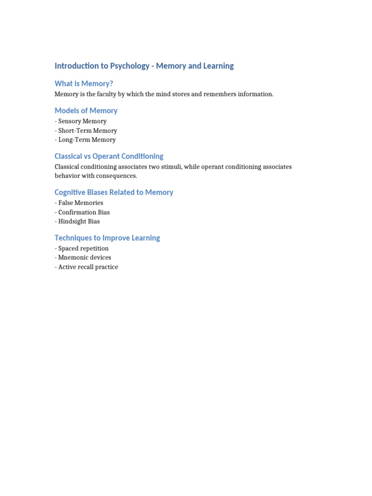 Psychology Memory Learning | PDF
