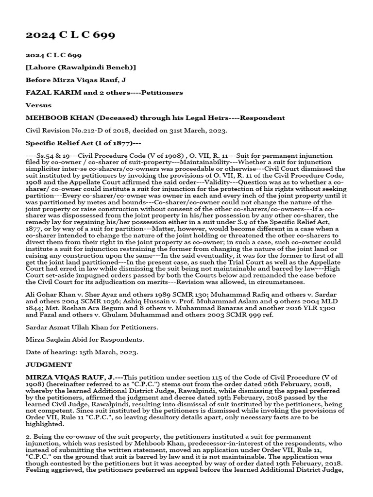 Co-Shareer Injunction 2024 CLC 699 | PDF | Lawsuit | Judgment (Law)